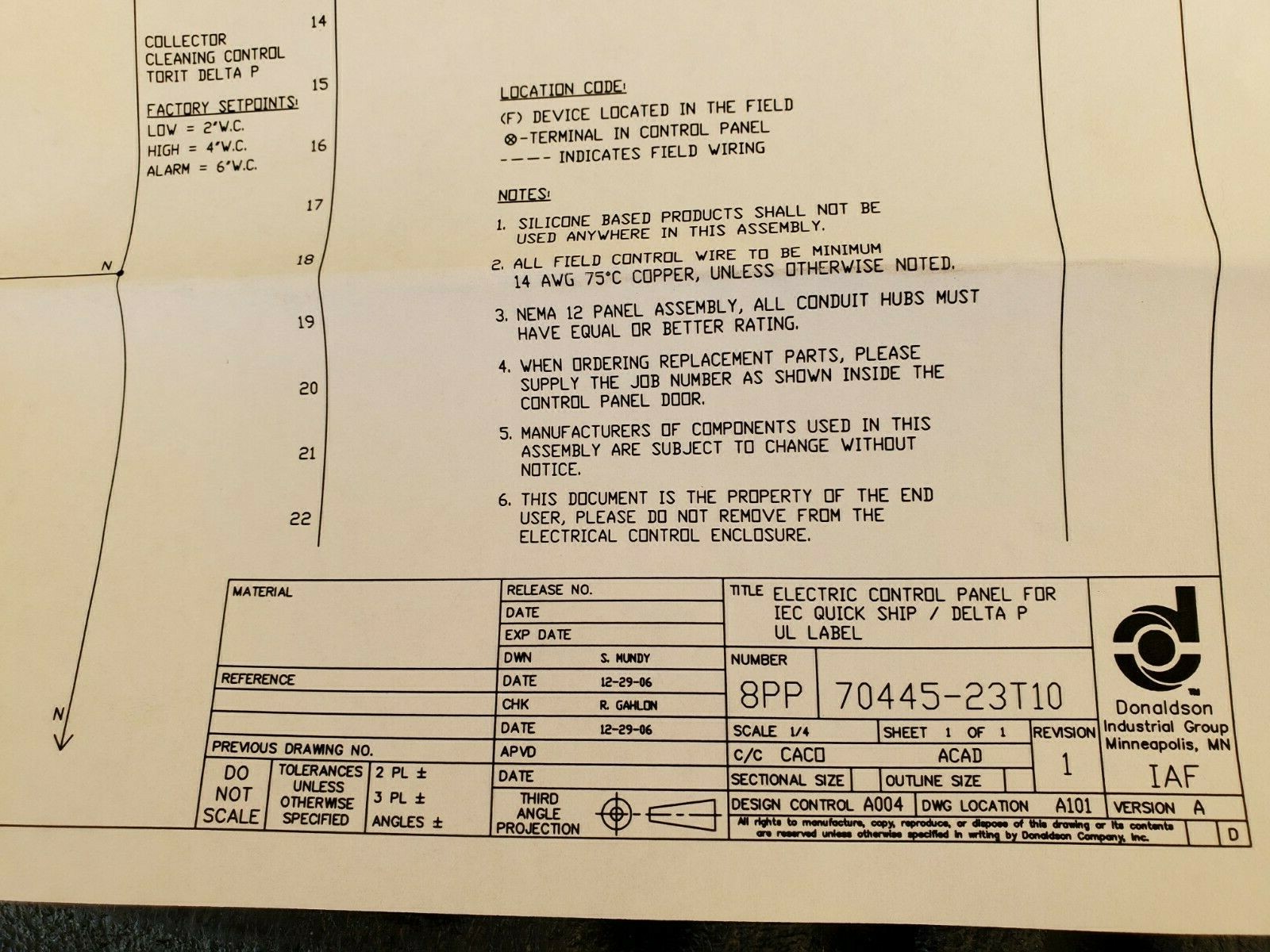 Donaldson Torit Dust Collector Delta P Control Panel Box Timer On/Off ...