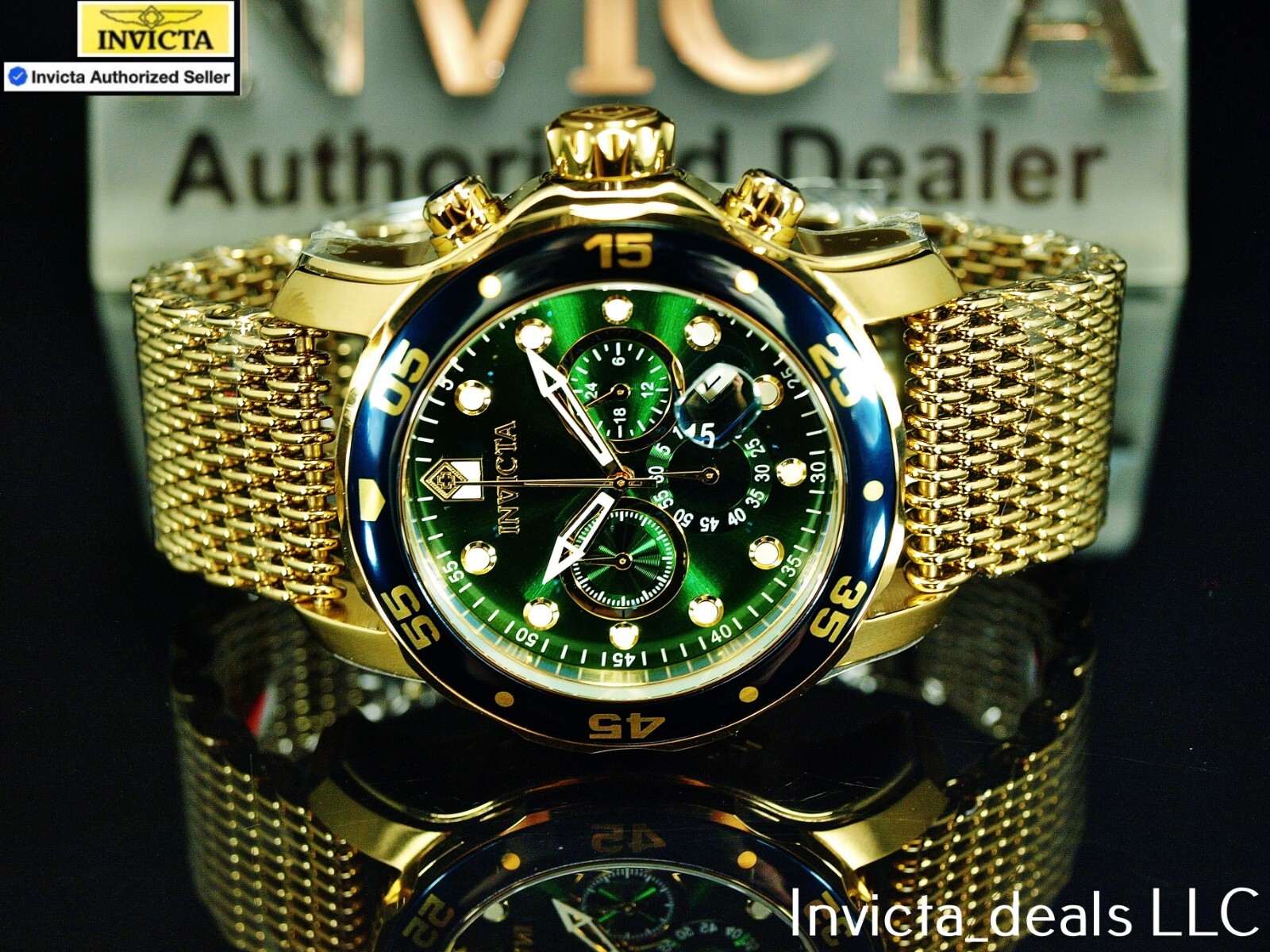 Invicta Men's 48mm PRO DIVER Scuba Chronograph GREEN DIAL Gold Tone ...