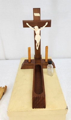 Vtg INRI 10" Wood Crucifix Last Rites & Sick Cross with Bottle, Candles ...