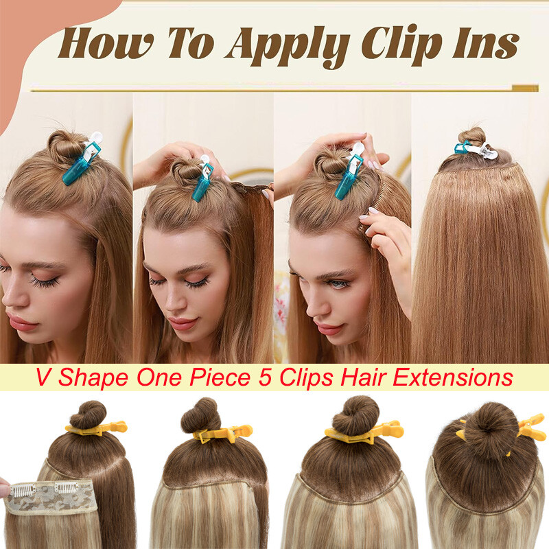 V-Shape Clip In Human Hair Extensions One Piece Weft 3/4 Full Head ...