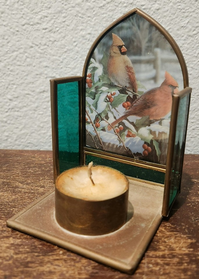 Stained Glass And Copper Cardinal And Holly Tea Light Candle Holder | eBay