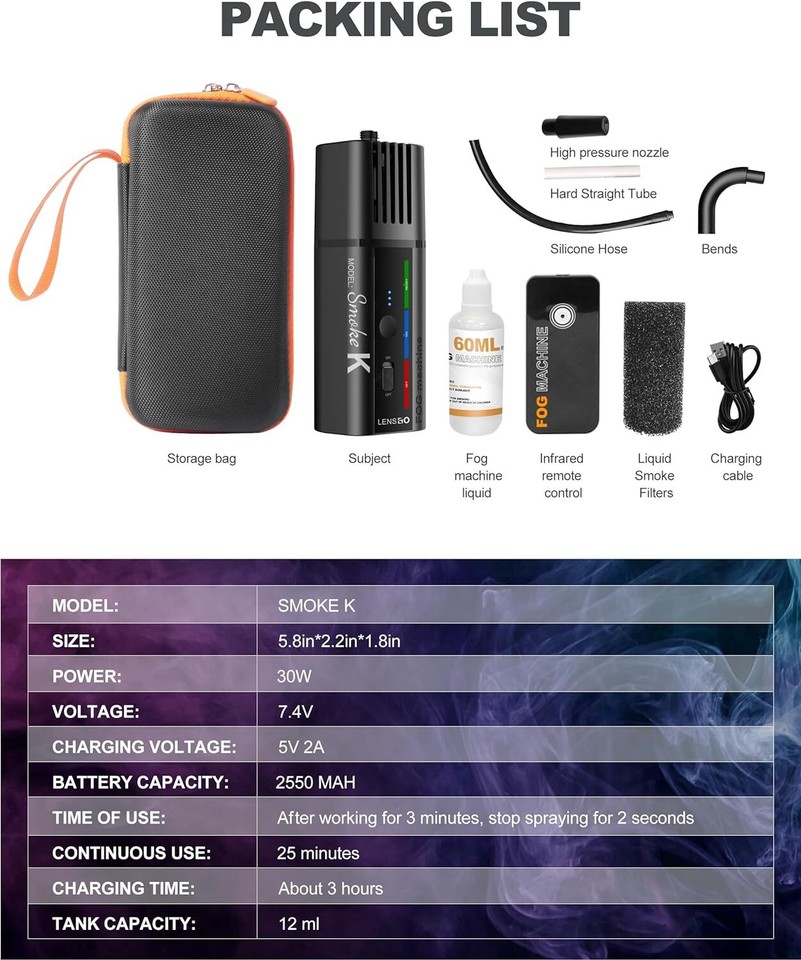LENSGO Smoke K 30W Handheld Fog Machine Portable Smoke Machine w/Remote ...