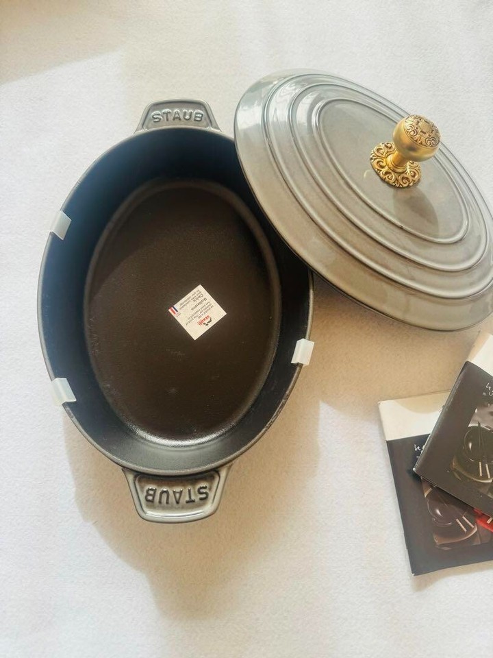 Staub Rare 3-piece set Cow Cocotte & Hot Plate x 2 Gray Made In France ...