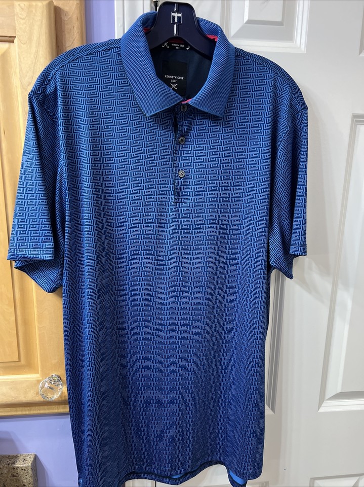 Kenneth Cole Golf Polo Shirt Blue Geometric Pattern Stretch Size L NWOT ...