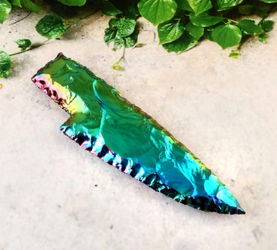 6” Titanium Aura Quartz Crystal Knife Athame Arrowhead Rainbow Obsidian ...