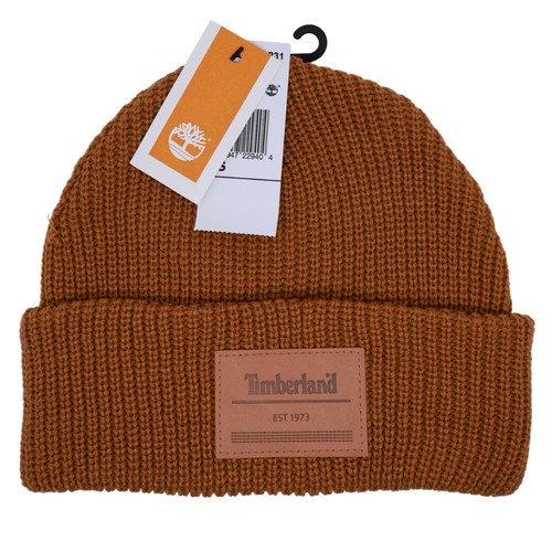 Timberland Leather Logo Patch Beanie Hat Brown | eBay