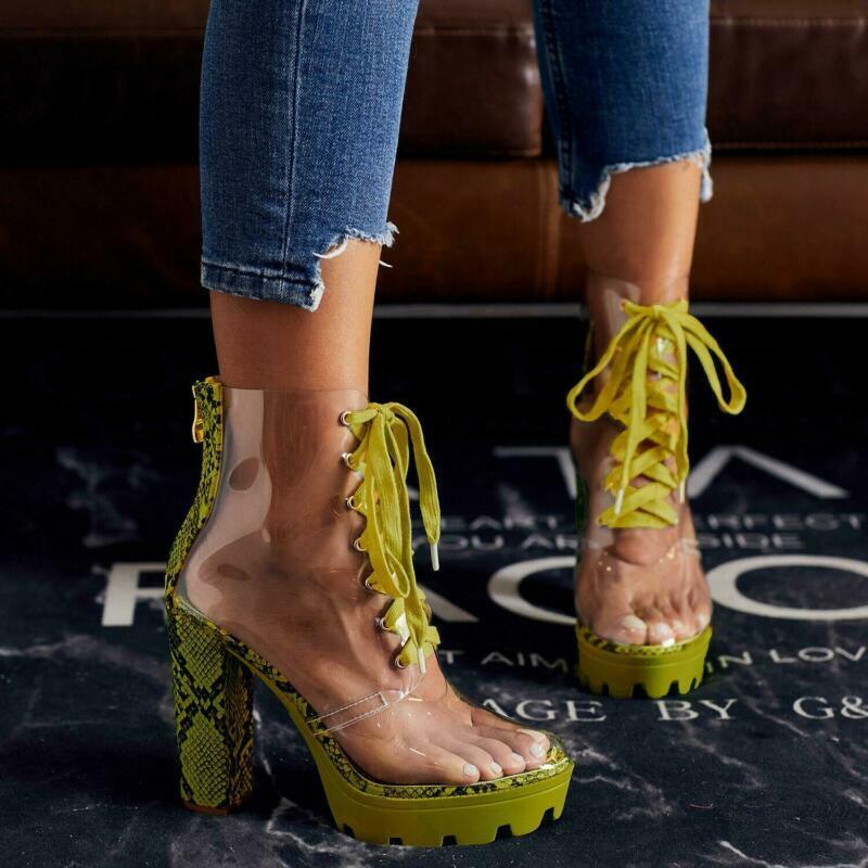 PVC Sandals Women Shoe Round Toe Platform High Heels Ankle Boots Lace ...