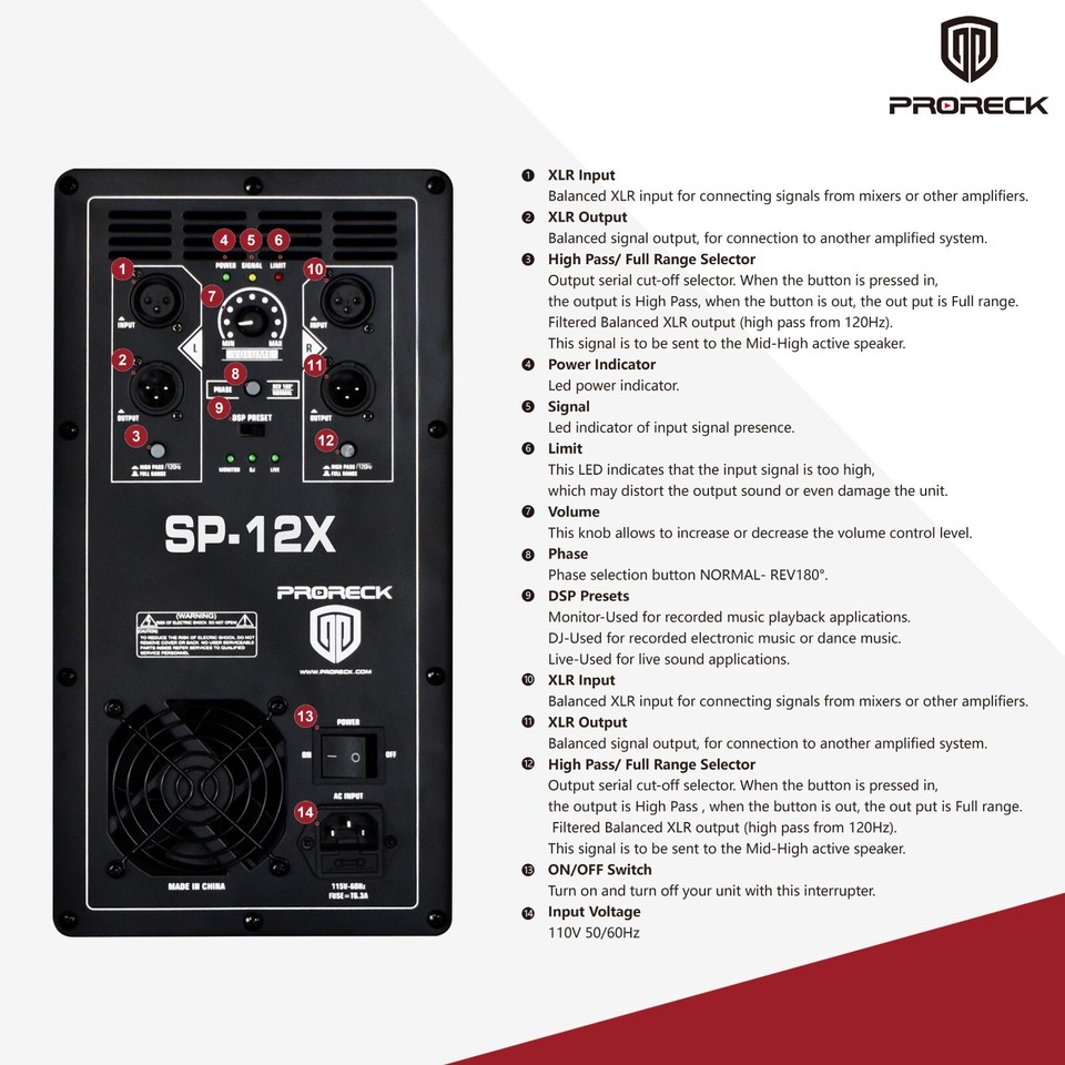 proreck SP-12X Active Subwoofer Powered DJ System 12 inch 1000W Wired ...