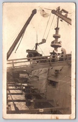 Battleship Dockside With Crane Loading Car & Sailors on Deck Real Photo ...