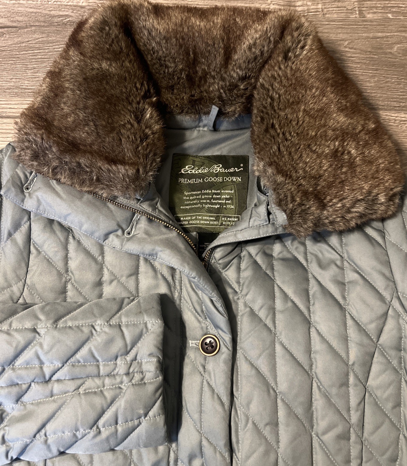 Vintage Eddie Bauer Premium Goose Down Quilted Slate Blue Coat Faux Fur ...