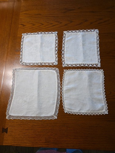 4 Vintage Crocheted Lace Edge Square Linen Doilies 9" and 11" Handmade ...