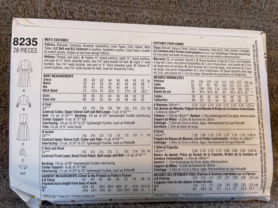 Simplicity Costume Pattern 8235 Mens Arkivestry Cosplay ~ Assassins ...