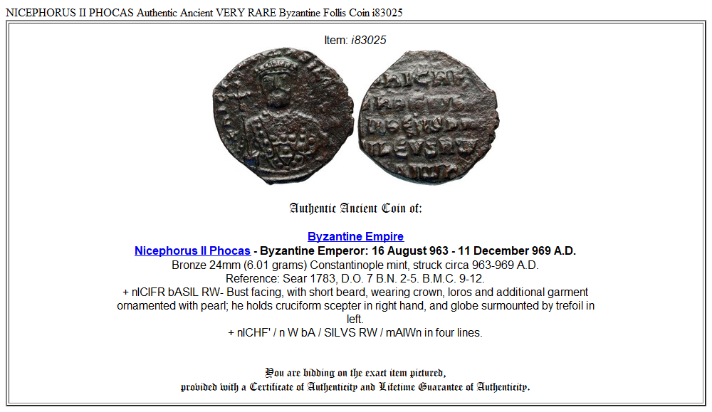 NICEPHORUS II PHOCAS Authentic Ancient VERY RARE Byzantine Follis Coin ...