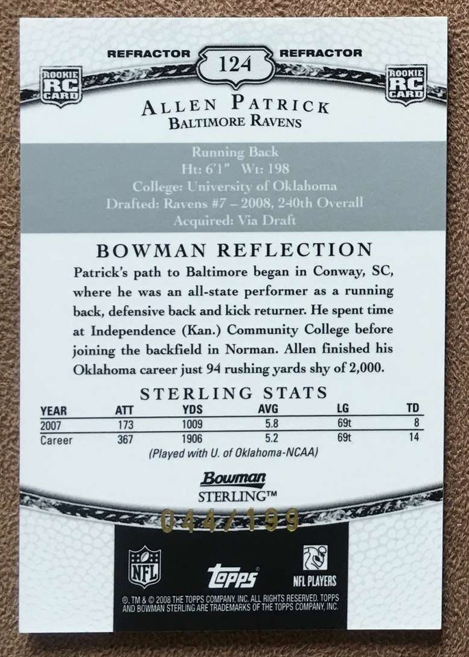 Allen Patrick 2008 Bowman Sterling Rookie Autograph Refractor #124 /199 ...