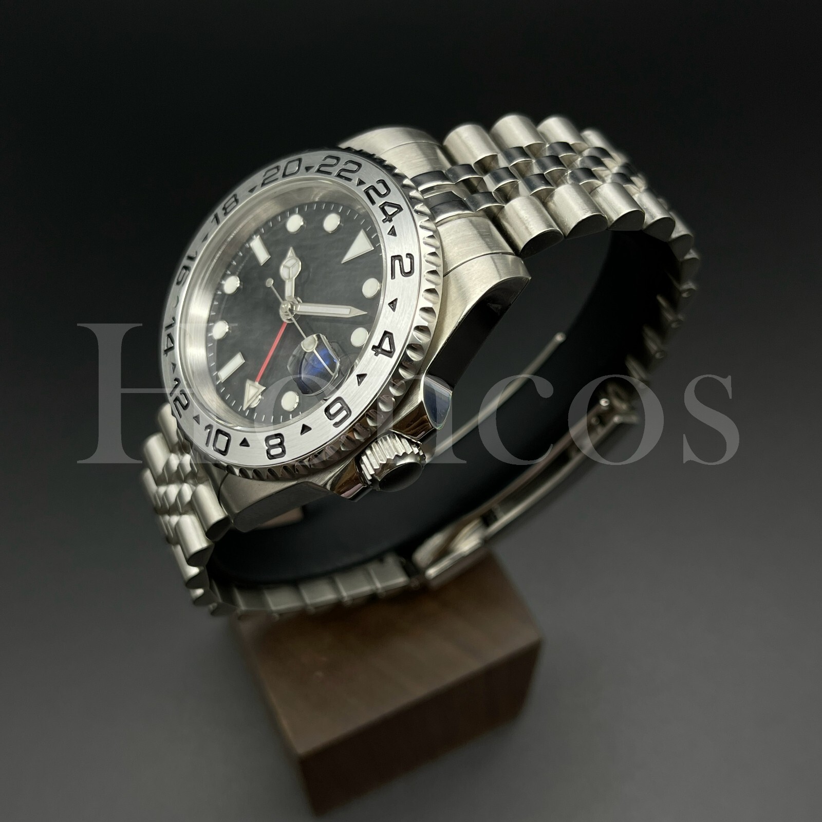 Custom Made GMT Style Watch Automatic Movement Black Dial Silver Bezel ...