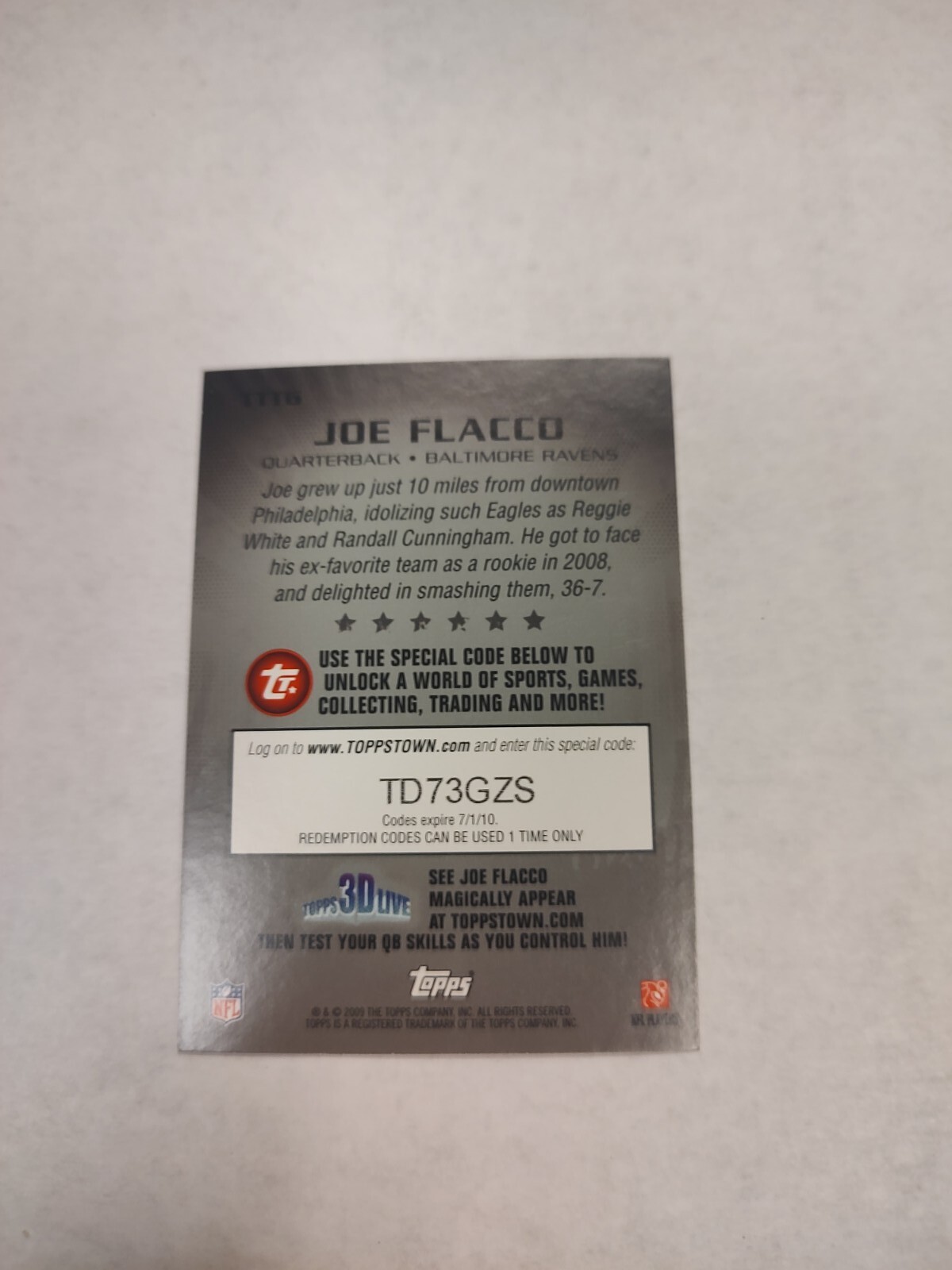 2009 Topps - Topps Town Redemption Code Cards Silver #TTT6 Joe Flacco ...