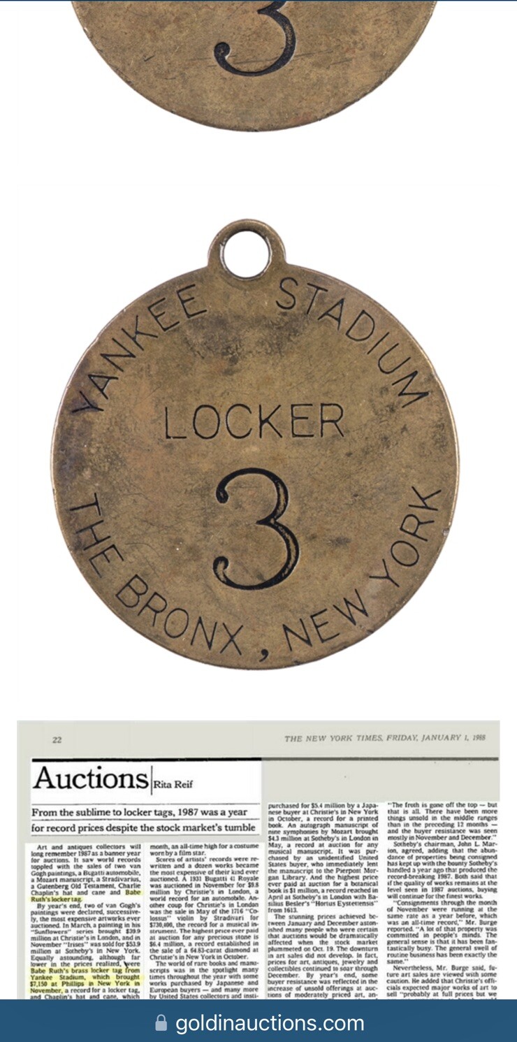 1920’s BABE RUTH NEW YORK YANKEES #3 LOCKER TAG 2”METAL LOCKER TAG THE ...