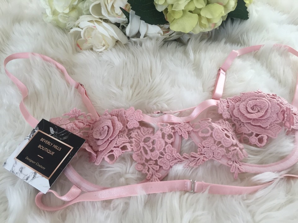 NEW! 2 PIECE SET Petal Pink Bralette Sexy Lingerie Rose Appliqué ...