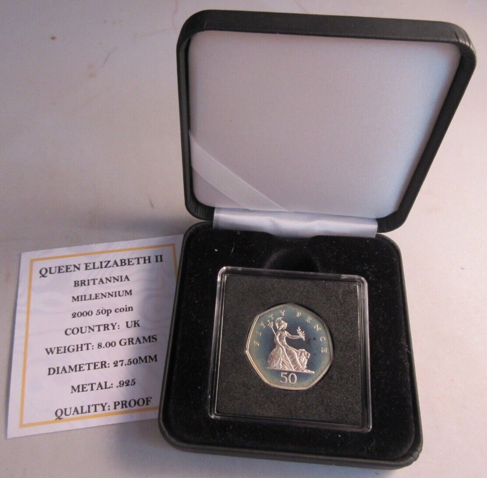 2000 BRITANNIA QEII SILVER PROOF 50P FIFTY PENCE COIN CAPSULE BOX & COA ...