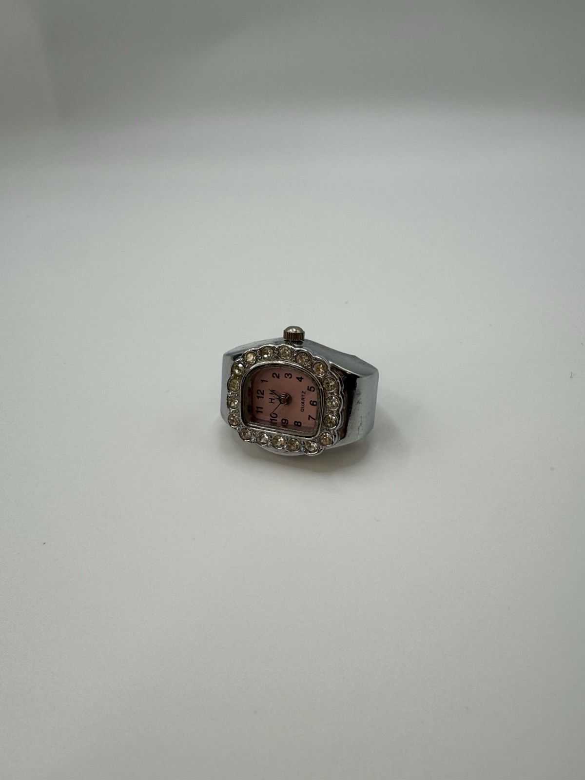 Vintage Ring Watch H.H. Silver-Tone W/ Pink “D” Shaped Rhinestone Face ...