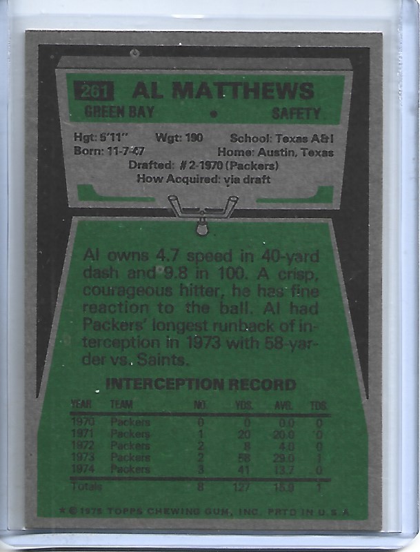 Al Matthews 1975 Topps Football Card #261-Green Bay Packers | eBay