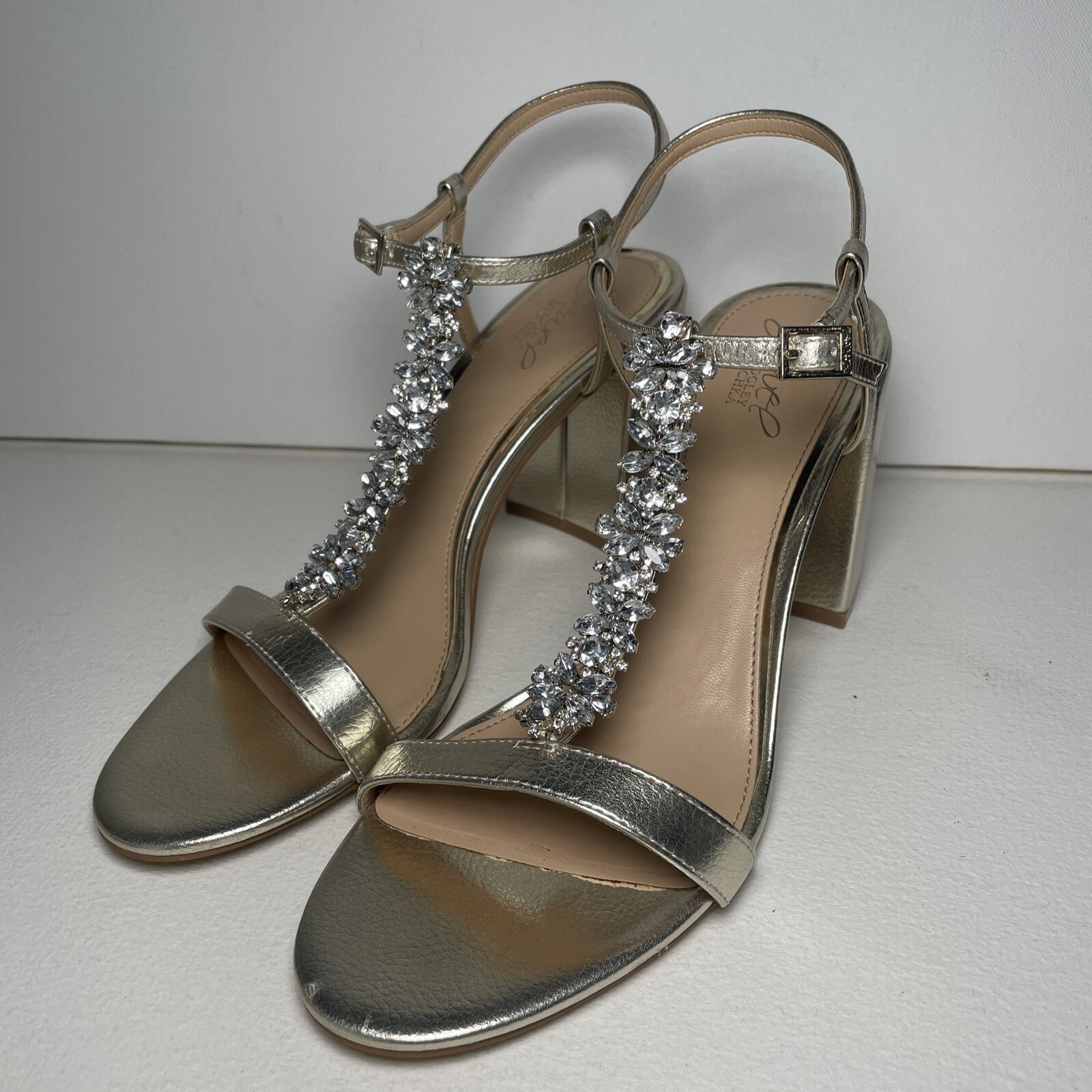 Jewel Badgley Mischka Raina Gold Block Heel Wedding S… - Gem