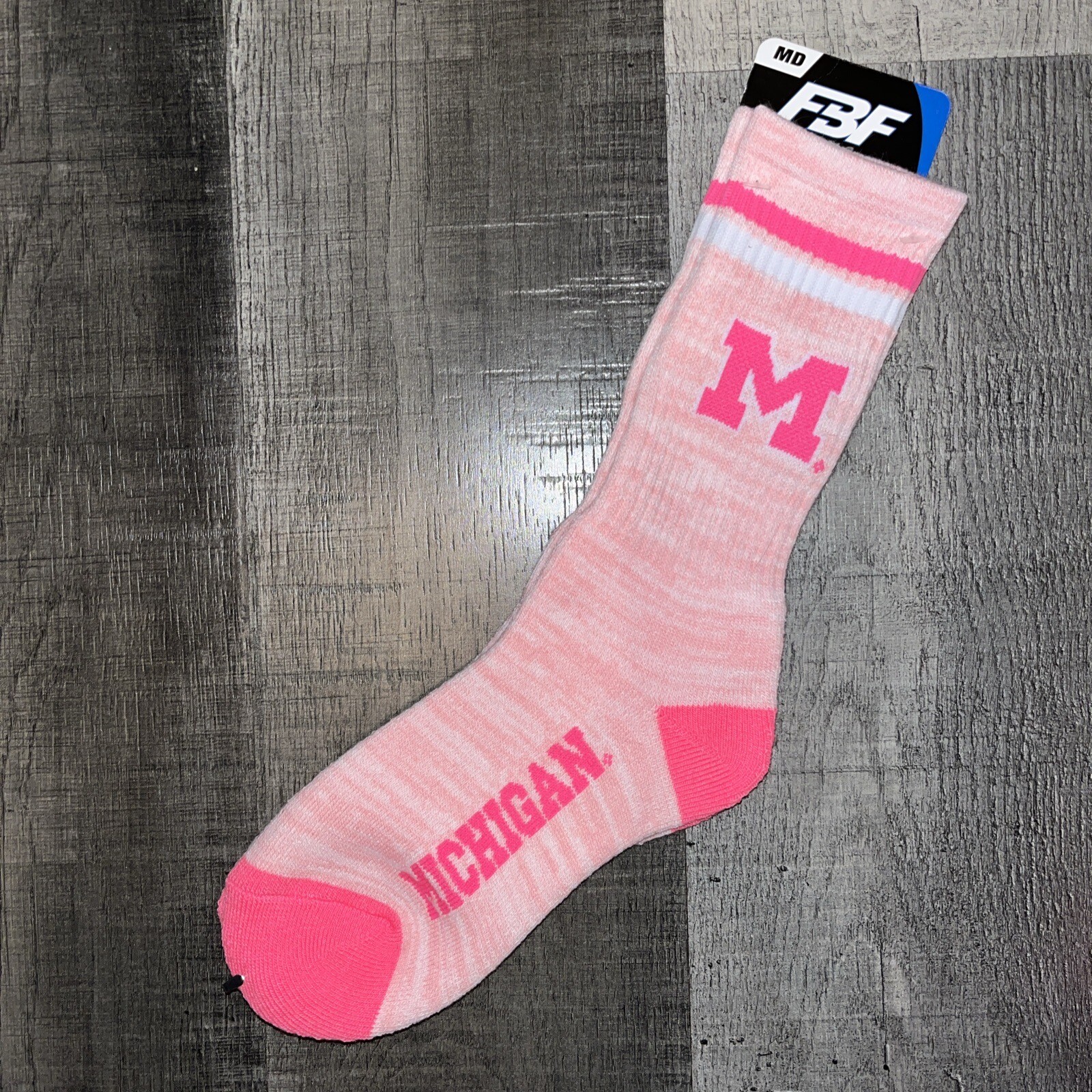 MICHIGAN WOLVERINES NCAA COLLEGE TEAM LOGO WOMENS PINK 2 STRIPE CREW ...