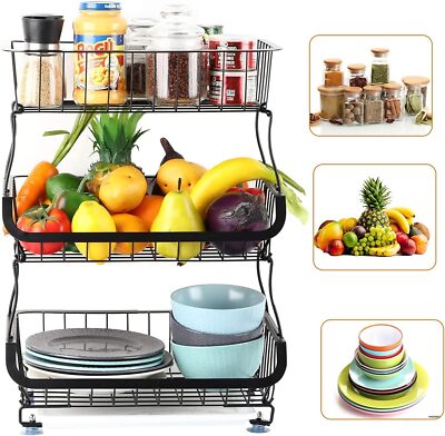3 Tier Fruit Storage Basket Stand Kitchen Rolling Vegetable Cart Rack ...