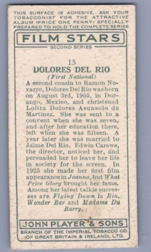 1934 Player's Film Stars 2nd Series - #15 Dolores Del Rio | eBay
