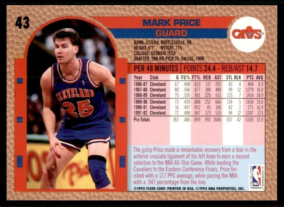 1992-93 FLEER Basketball NM/M Trading Card #43 - MARK PRICE, Cleveland ...