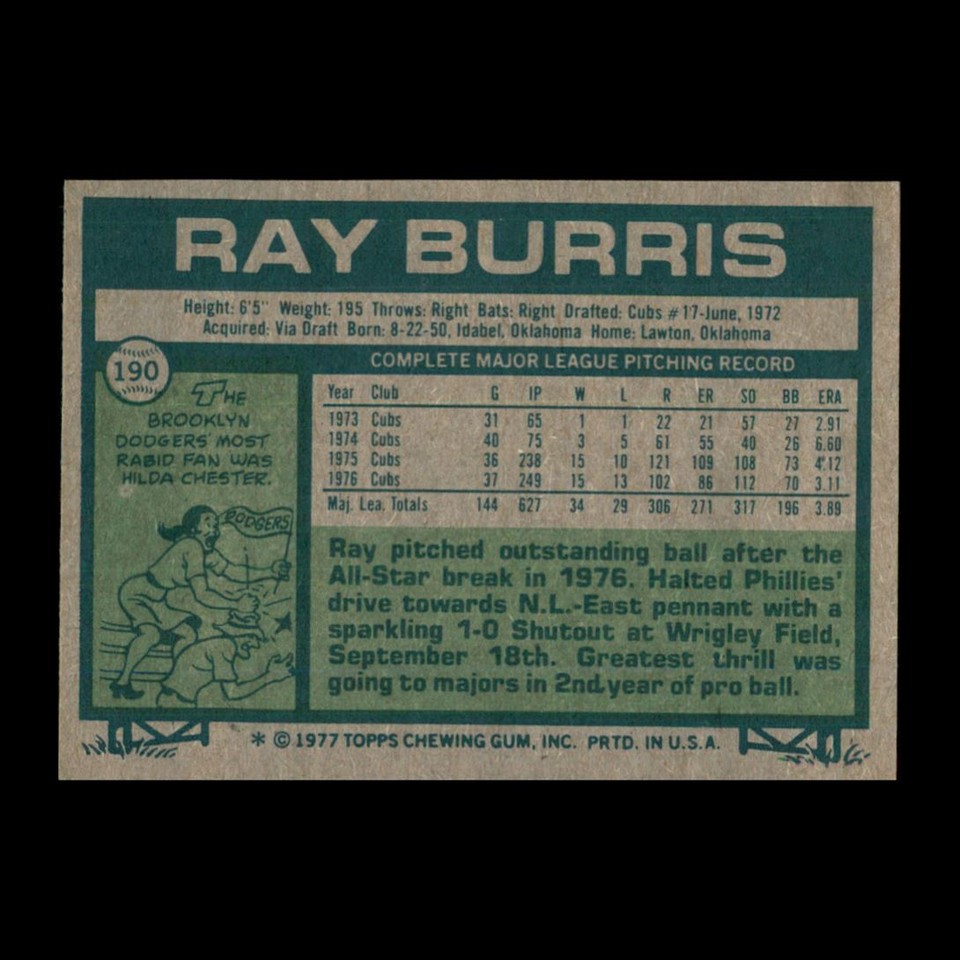 Ray Burris 1977 Topps Chicago Cubs #190 Set Break NICE! | eBay
