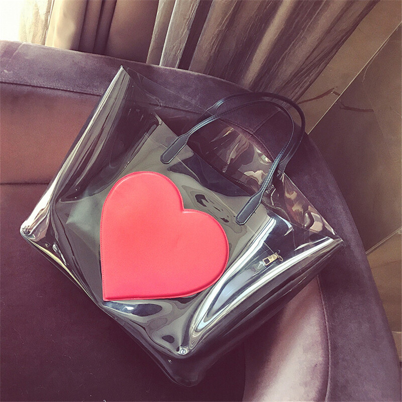 Women Red Heart Transparent Handbag PVC Waterproof Shopping Tote ...