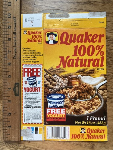1988 Quaker 100% Natural Oats & Honey Cereal Box - FREE Dannon Yogurt ...