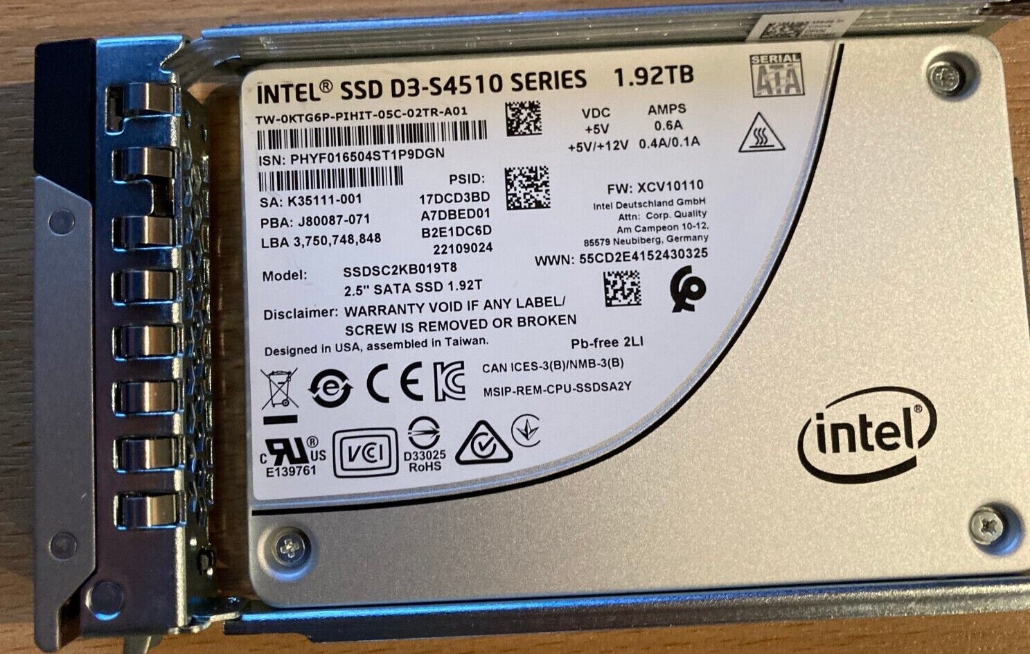 Intel D3-S4510 Series 1.92TB SATA 2.5in 6Gb/s SSD SSDSC2KB019T8 + Dell ...