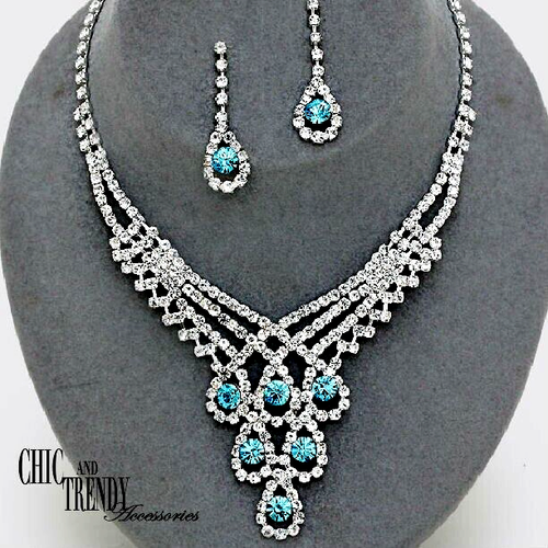 PRINCESS AQUA BLUE CRYSTAL PROM BRIDAL FORMAL NECKLACE FASHION JEWELRY ...
