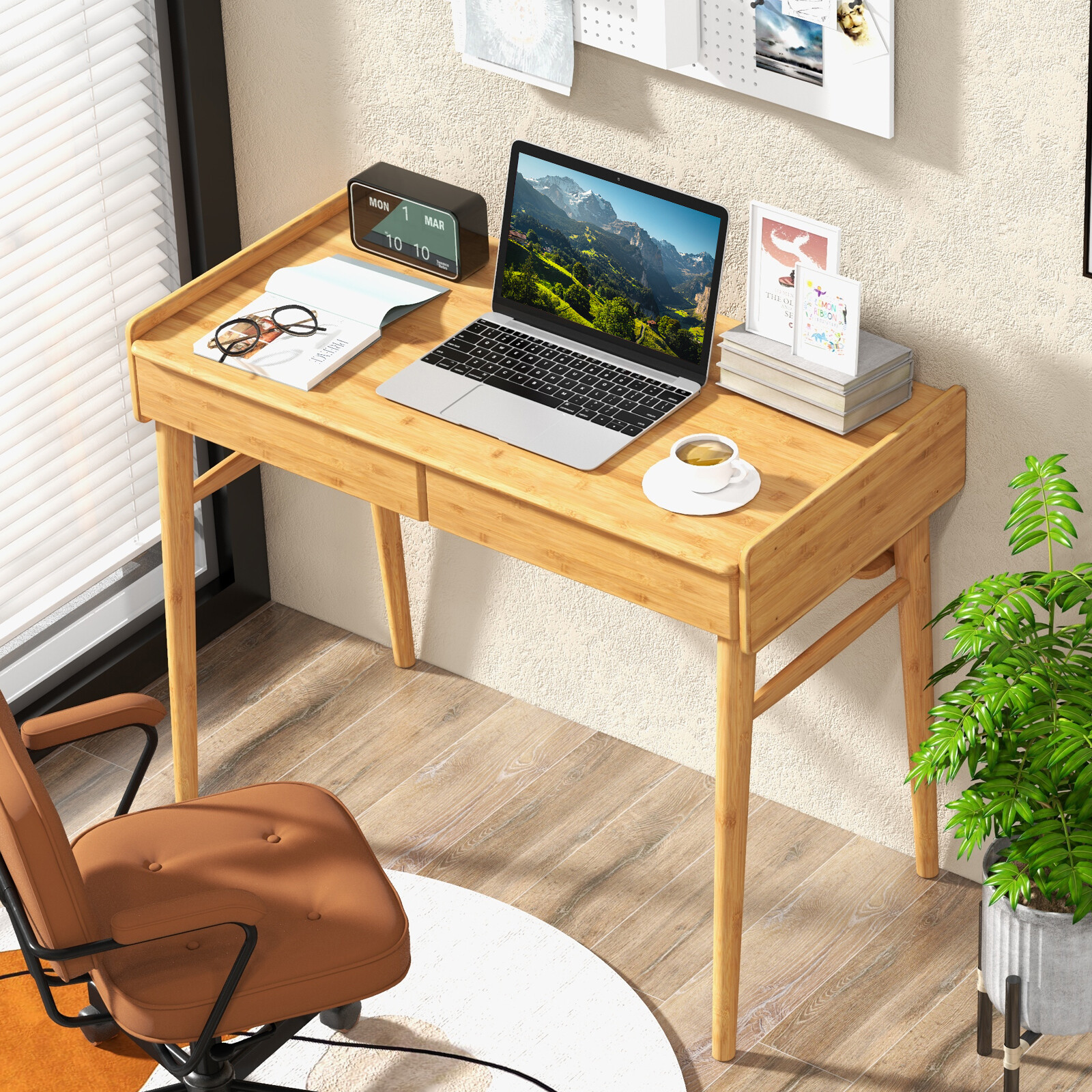 Bamboo Writing Desk 39.5" Computer Study Desk w/ 2 Storage Drawers ...