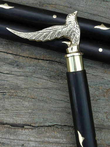 Chrome Brass Bird Look Head Handle Vintage Black Wooden Walking Stick ...
