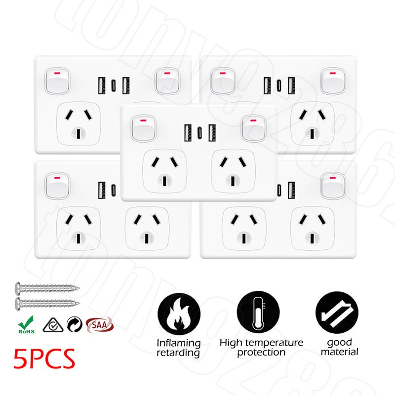 5X FAST Charge 3.6 amp Dual USB+Type-C Double Power Point GPO Wall ...