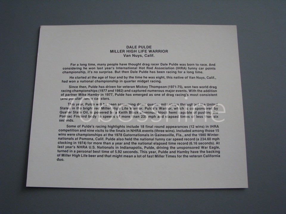 DALE PULDE MILLER HIGH LIFE WARROIR FUNNY CAR 8x10 NHRA DRAG RACING ...