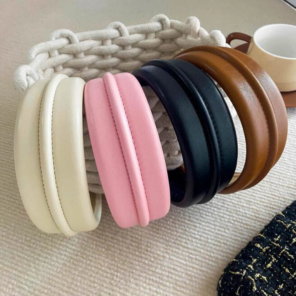 New Fashion Headband for Women Wide Side PU Leather Headwear Solid ...