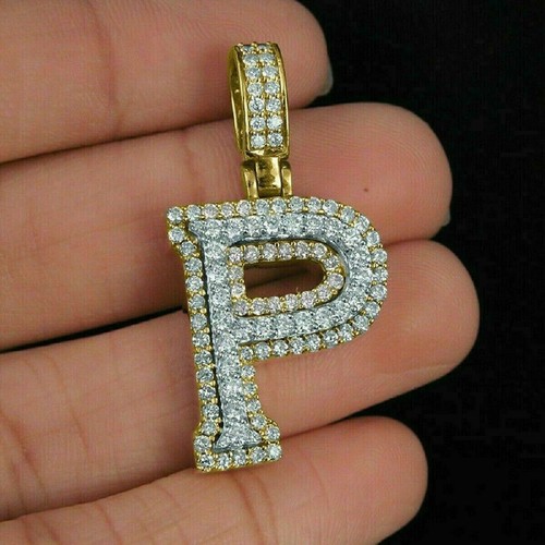 3 Ct Round Simulated Diamond Initial Letter "P" Pendant 14K Yellow Gold ...