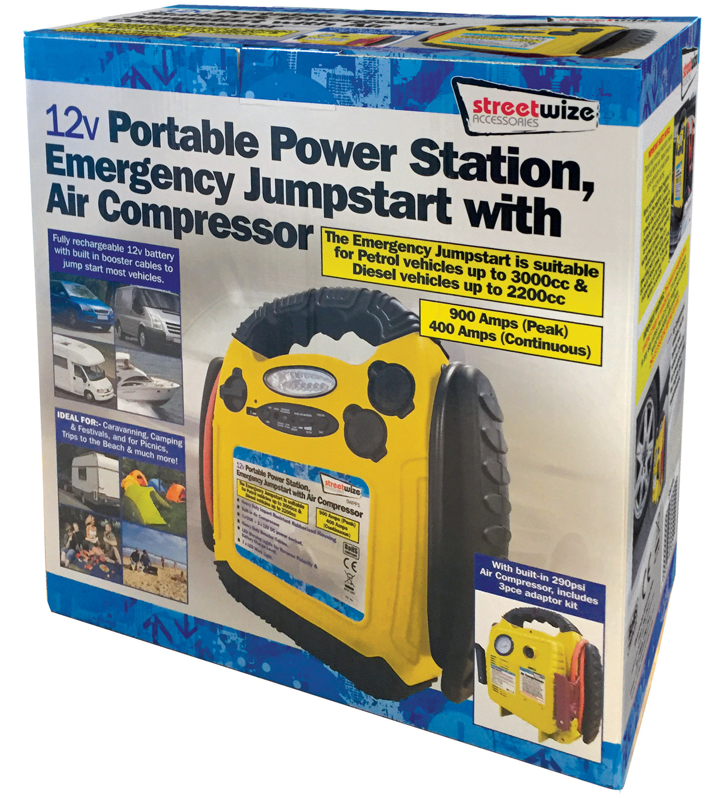 Streetwize 900A 12V Portable Power Pack, Emergency Jumpstart with Air ...