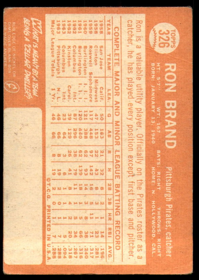 1964 Topps #326 Ron Brand Very Good RC Rookie Pirates ID:234041 | eBay