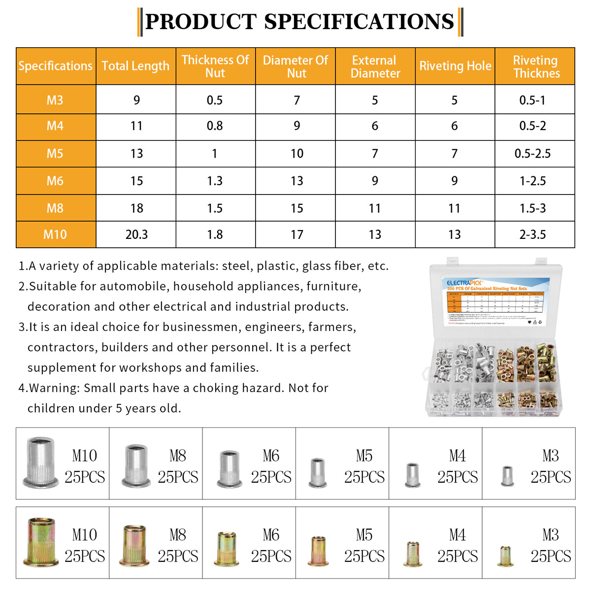 300-tlg. Stahl Nietmutter-Sortiment Box Blindnietmuttern Satz ...