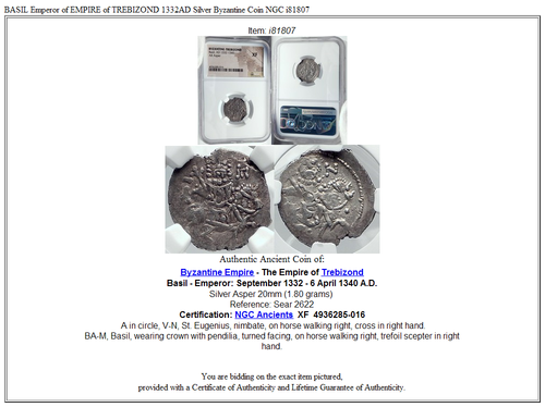BASIL Emperor of EMPIRE of TREBIZOND 1332AD Silver Byzantine Coin NGC ...