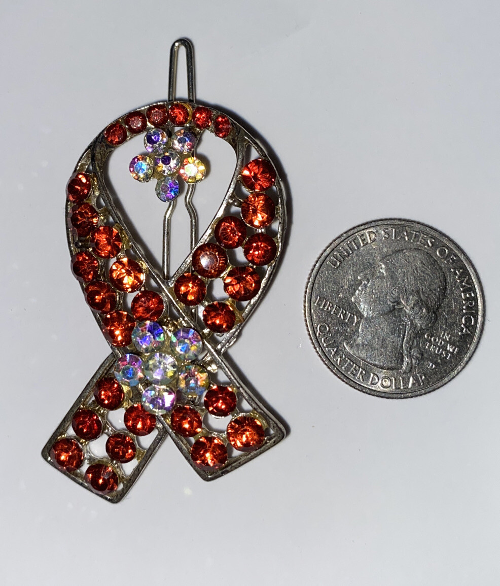 Red/Clear Rhinestones On Silver Tone Ribbon Awareness Barrette Hair ...