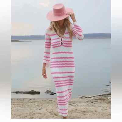 STEELE Dress Like New Crochet Maxi Knit Isla Pink & White Size XS AU 6 ...