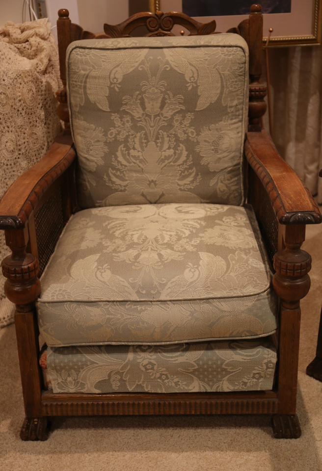 Beautiful antique Jacobean lounge suite 3 pce light oak jacquard fabric ...