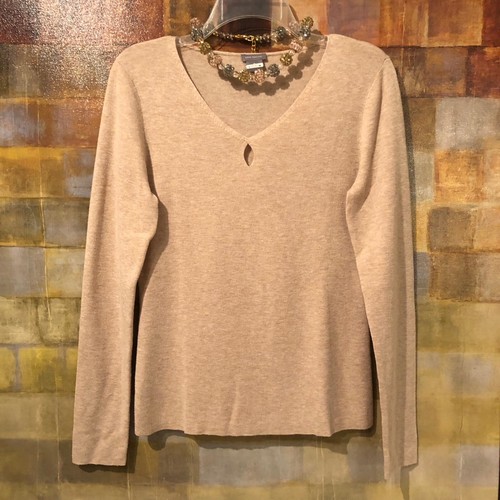 ANN TAYLOR LS Beige Knit V-Neck Keyhole Neckline Sweater Sz Med (8-10 ...