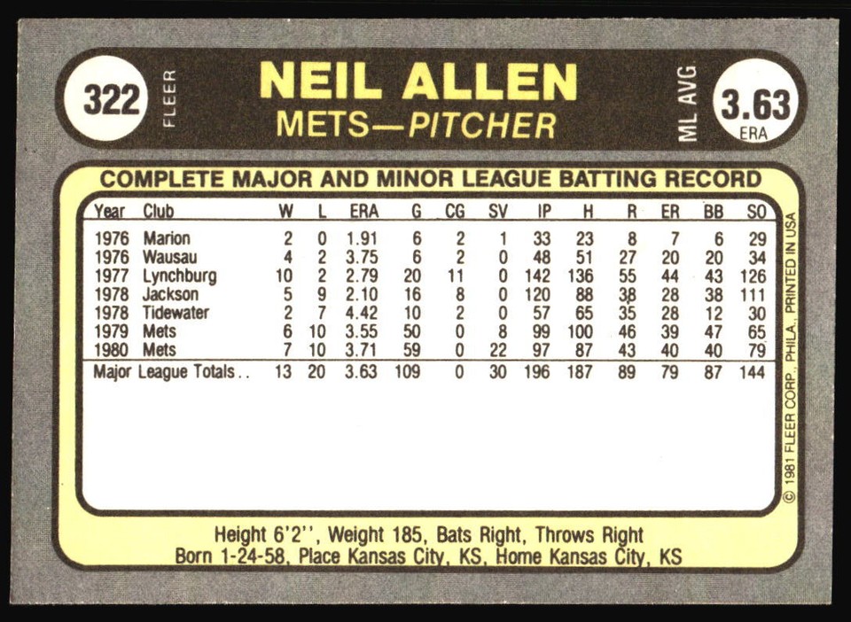 1981 Fleer Neil Allen #322 New York Mets | eBay